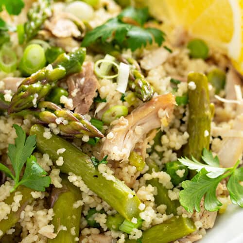 {One Pot} Spring Vegetable Couscous with Chicken - Belly Full