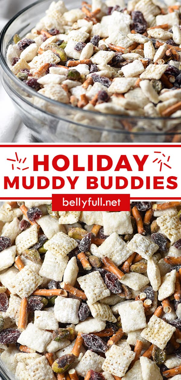 Holiday Muddy Buddies (easy and festive treat in 15 minutes!) - Belly Full